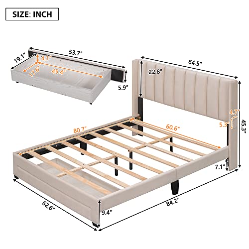 Prohon Queen Bed Frame with Wingback Headboard and A Big Storage Drawers on Endbed, Velvet Upholstered Platform Bed w/Wood Slats Support Mattress Foundation,No Box Spring Needed,Easy to Install,Beige