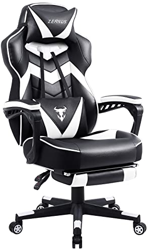 Zeanus Ergonomic Gaming Computer Chair, Recliner Computer Chair with Footrest, Office Gamer Chair with Massage, Big and Tall Racing Chair, Gaming Chairs for Adults, High Back Gaming Desk Chair White