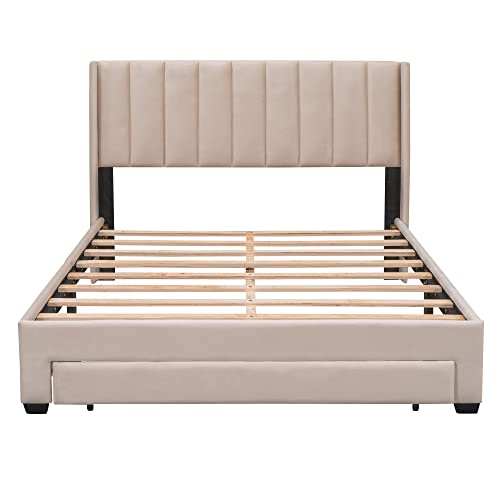 Prohon Queen Bed Frame with Wingback Headboard and A Big Storage Drawers on Endbed, Velvet Upholstered Platform Bed w/Wood Slats Support Mattress Foundation,No Box Spring Needed,Easy to Install,Beige