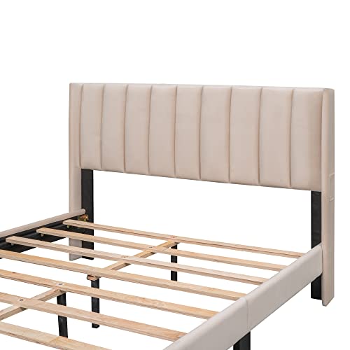 Prohon Queen Bed Frame with Wingback Headboard and A Big Storage Drawers on Endbed, Velvet Upholstered Platform Bed w/Wood Slats Support Mattress Foundation,No Box Spring Needed,Easy to Install,Beige