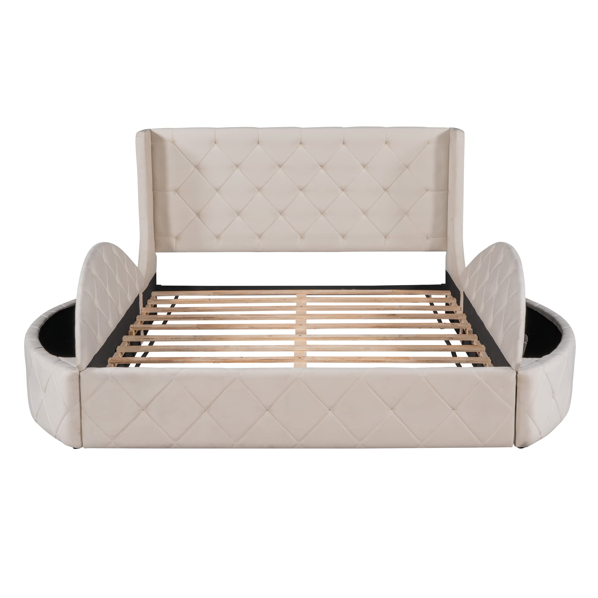 Yehha Queen Size Velvet Upholstered Platform Bed with 2 Side Storage Stool and 1 Storage Drawer, Victorian Style Velvet Headboard, Noise-Free and No Box Spring Needed, Beige