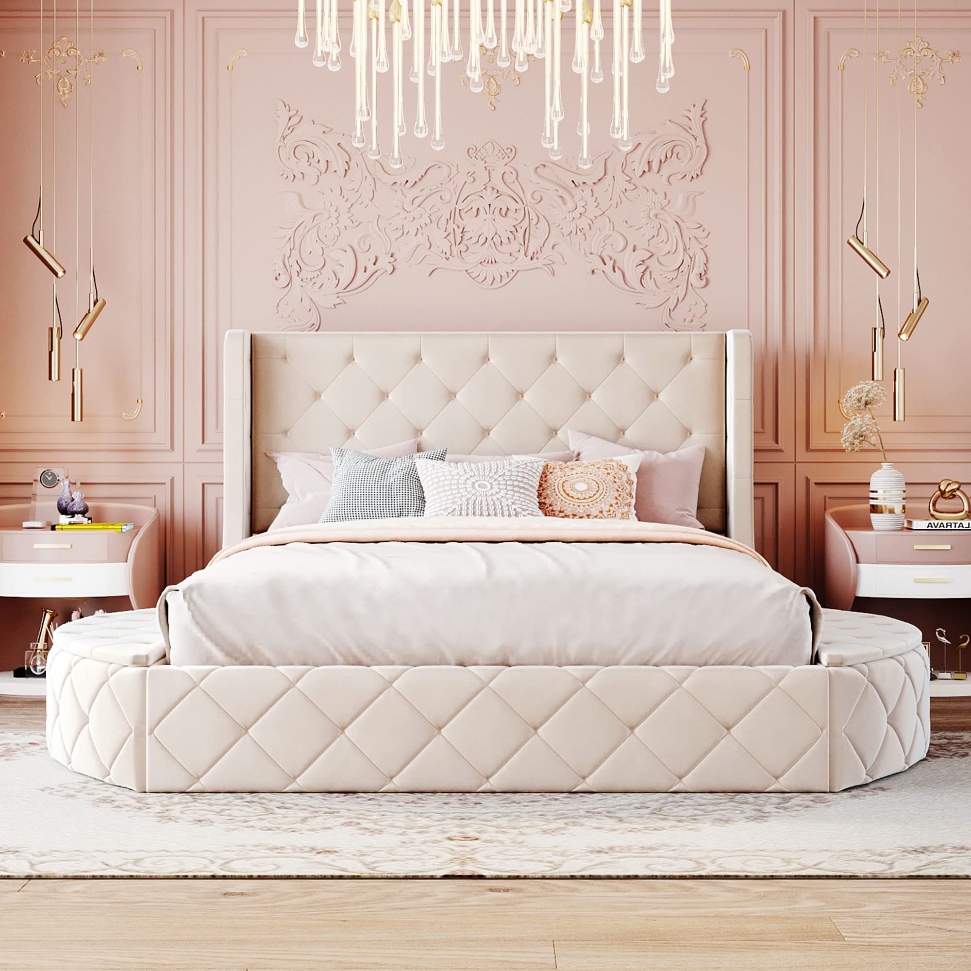 Yehha Queen Size Velvet Upholstered Platform Bed with 2 Side Storage Stool and 1 Storage Drawer, Victorian Style Velvet Headboard, Noise-Free and No Box Spring Needed, Beige