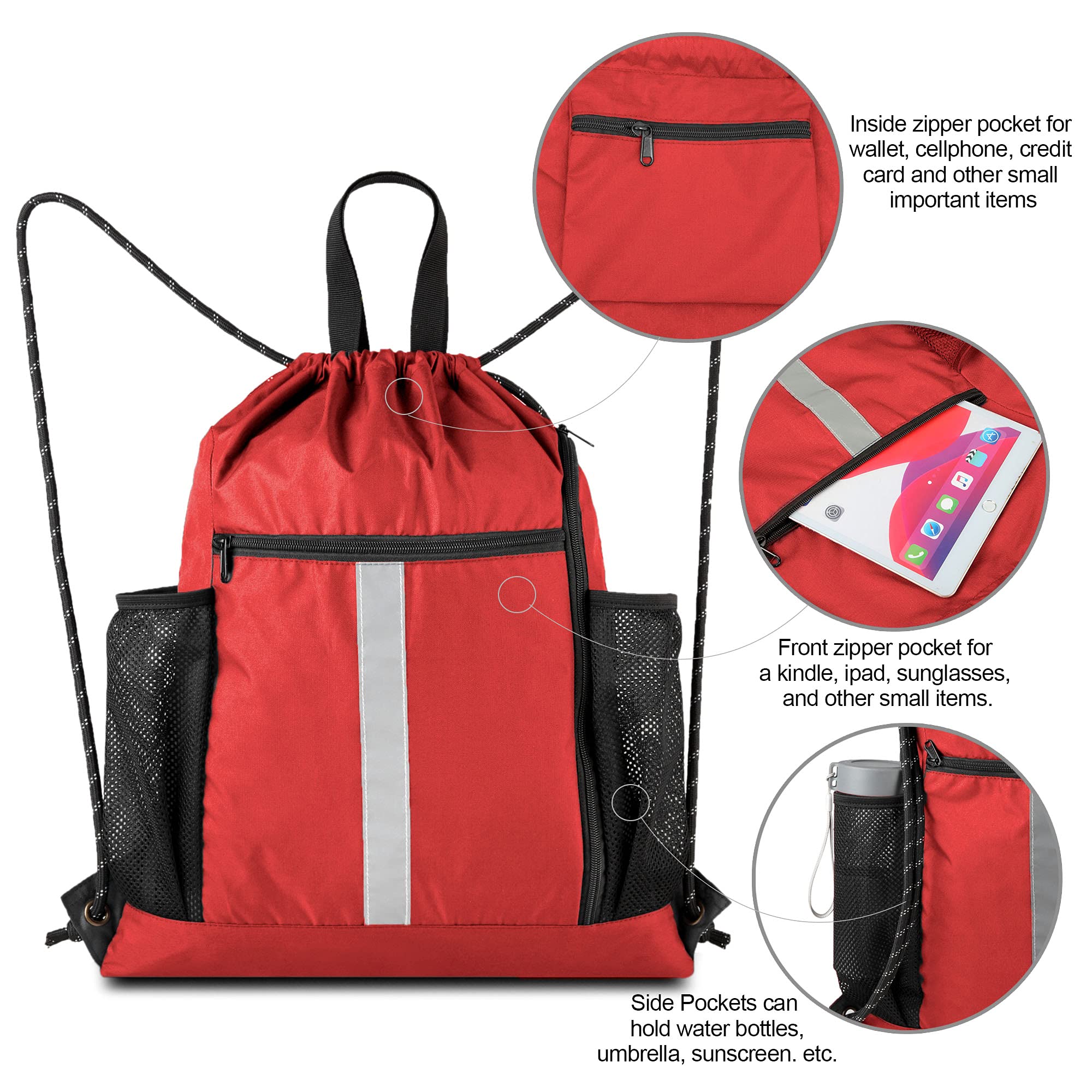 BeeGreen Red Drawstring Backpack Gymsack Bag with Shoe Compartment and Two Side Mesh Pockets Lightweight Durable Sports Cinch Sackpack 1 Pack for Women Men Workout Swim