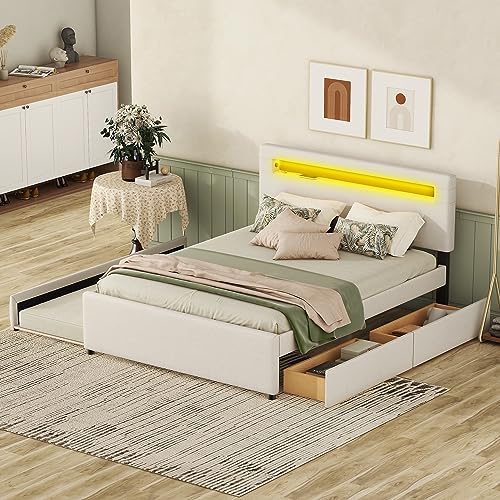 GJHOME Queen Size Upholstered Platform Bed with 2 Storage Drawers and Twin Trundle, LED Lights and USB Charging, Linen Queen Bed Frame with Headboard and Wood Slat Support,Beige