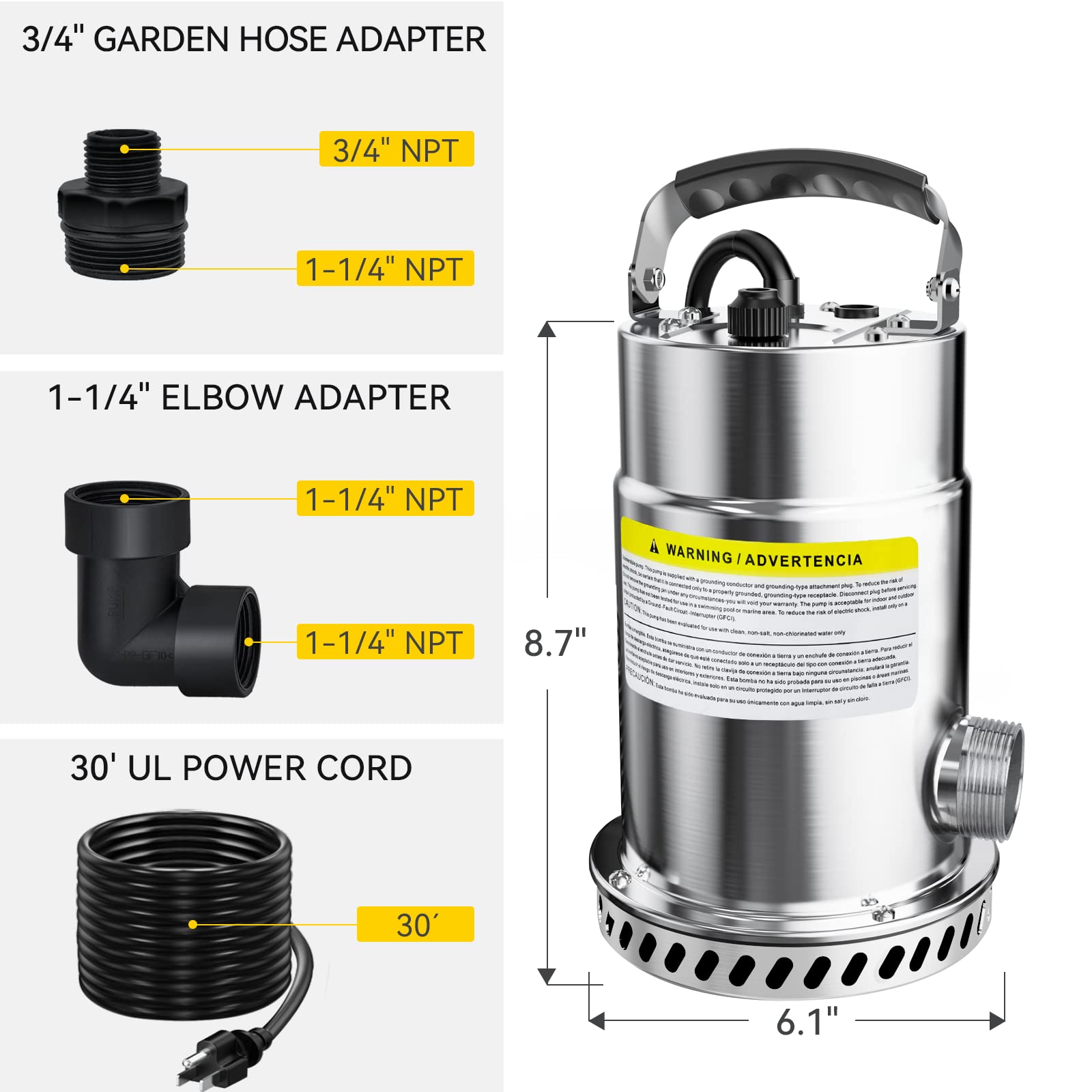 Acquaer 1/2HP Submersible Utility Pump, 3030GPH Stainless Steel Sump Pump, Water Removal for Basement Hot Tub Pool Cover Draining, 30ft Cord