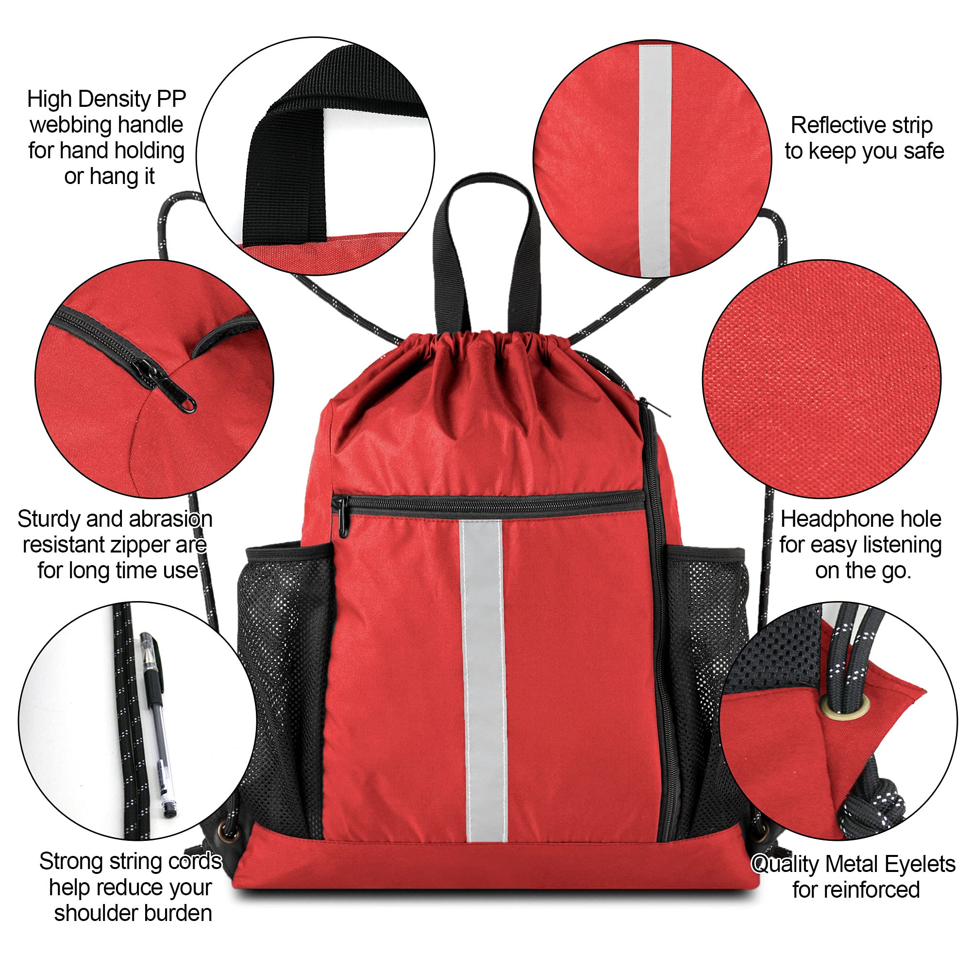 BeeGreen Red Drawstring Backpack Gymsack Bag with Shoe Compartment and Two Side Mesh Pockets Lightweight Durable Sports Cinch Sackpack 1 Pack for Women Men Workout Swim