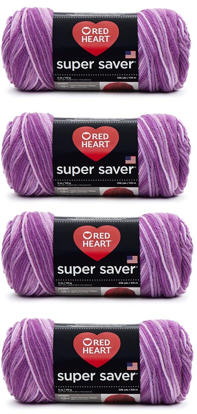 Bulk Buy - Red Heart Super Saver Purple Tones Yarn - 4 Pack of 141g/5oz - Acrylic - 4 Medium (Worsted) - 364 Yards - Knitting/Crochet