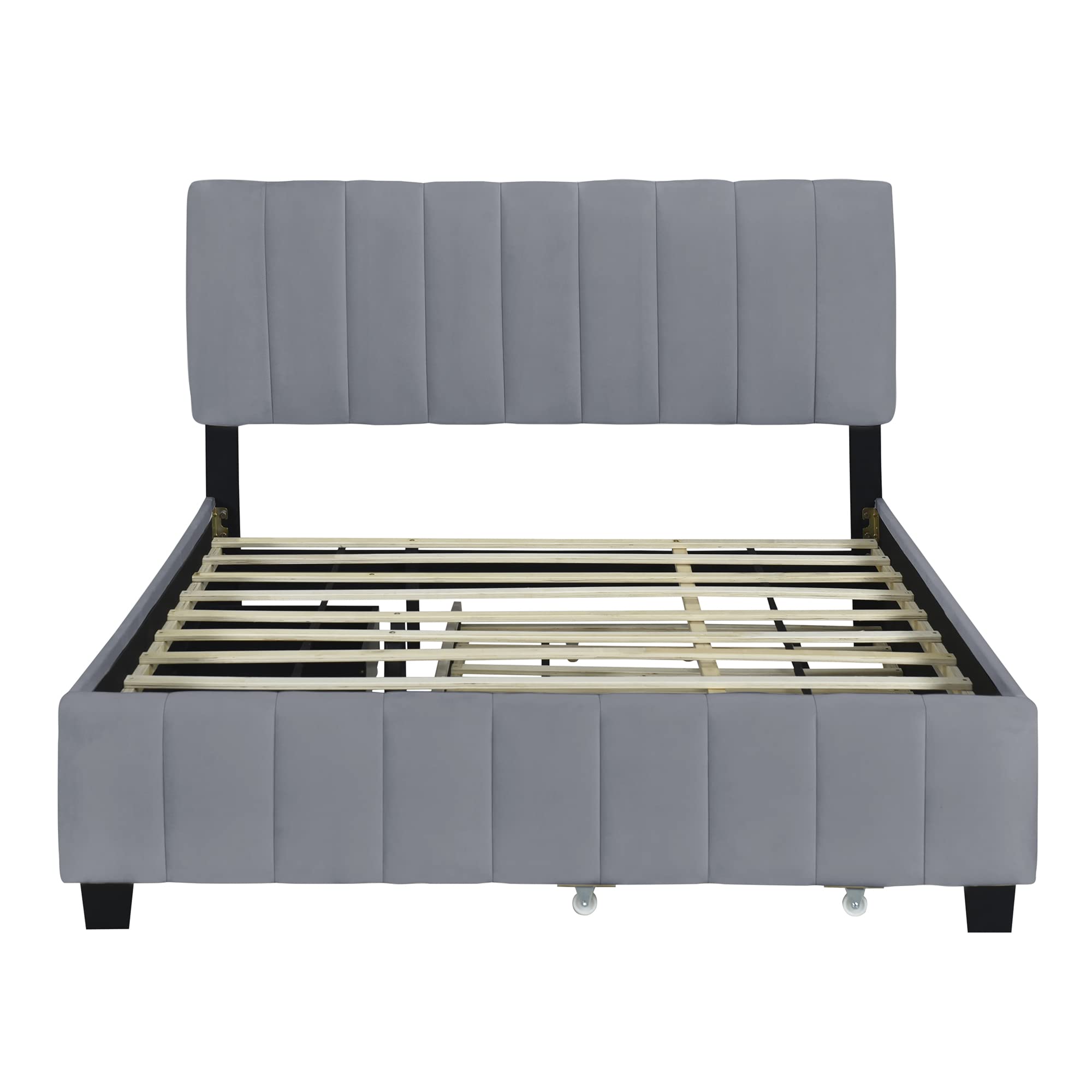 Harper & Bright Designs Queen Size Upholstered Bed with 1 Twin XL Trundle and 2 Storage Drawers, Velvet Platform Bed Wood Frame, No Box Spring Needed (Gray)