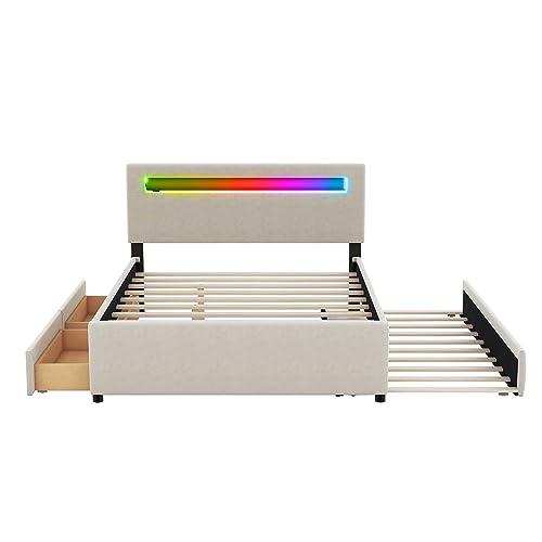 GJHOME Queen Size Upholstered Platform Bed with 2 Storage Drawers and Twin Trundle, LED Lights and USB Charging, Linen Queen Bed Frame with Headboard and Wood Slat Support,Beige