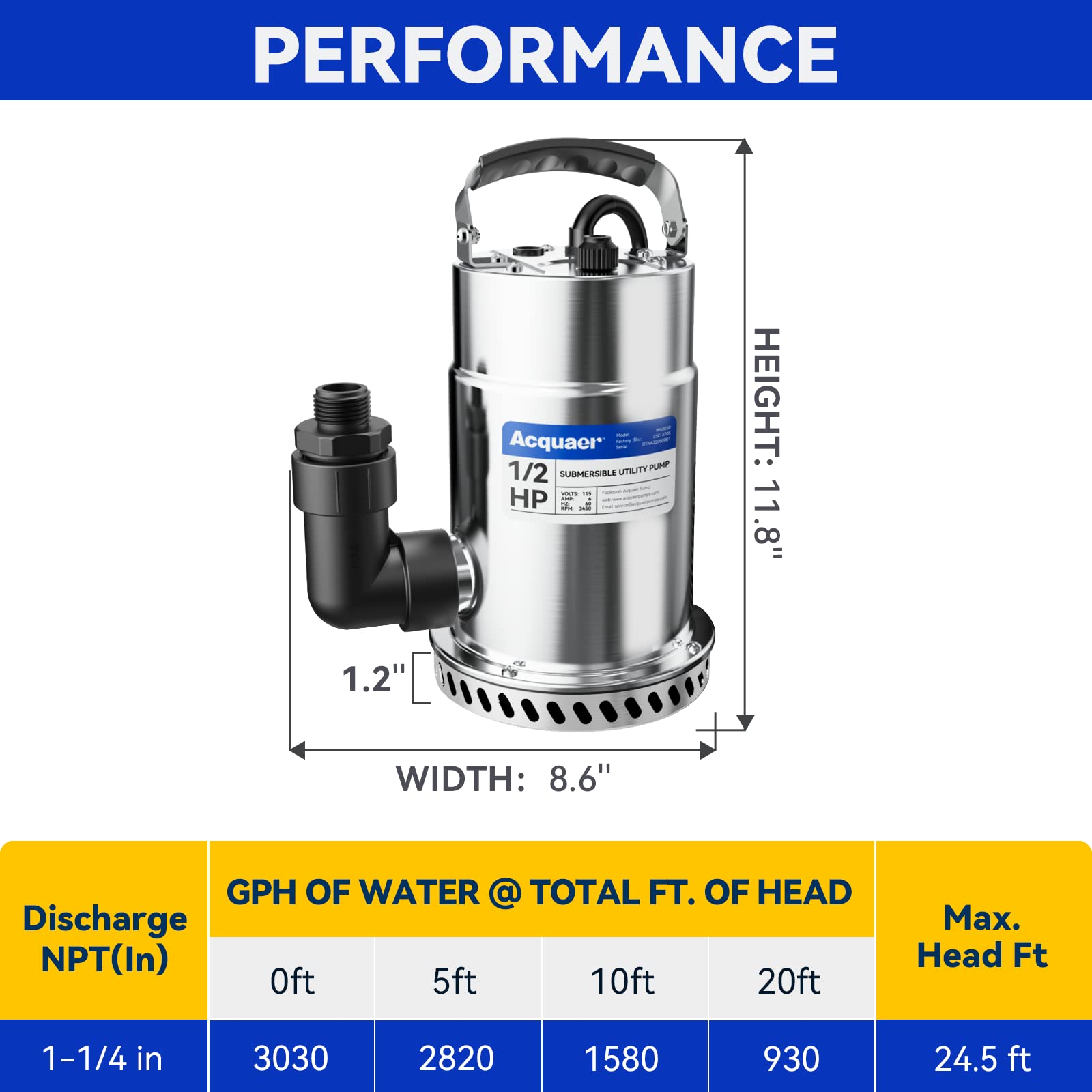 Acquaer 1/2HP Submersible Utility Pump, 3030GPH Stainless Steel Sump Pump, Water Removal for Basement Hot Tub Pool Cover Draining, 30ft Cord