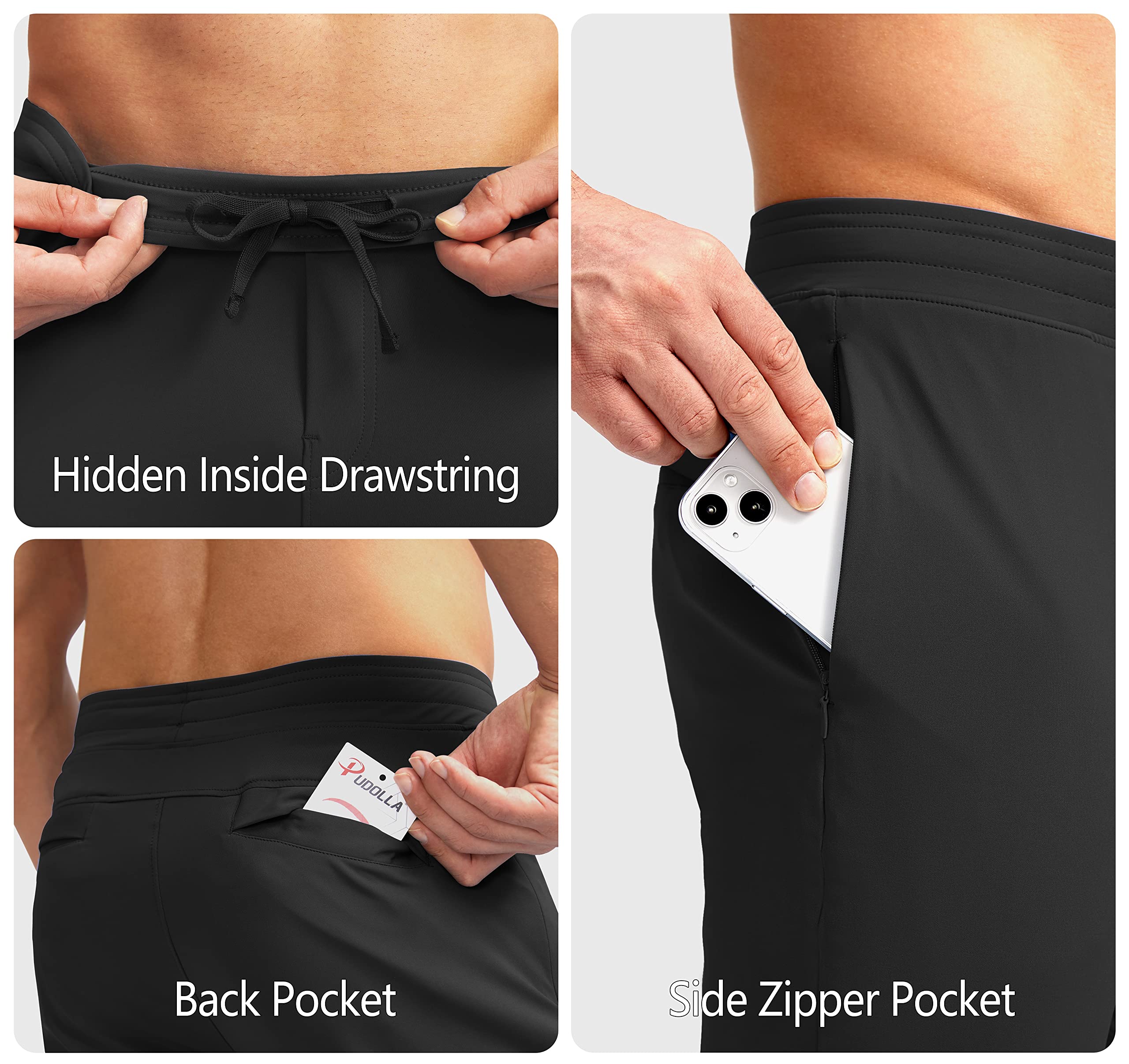 Pudolla Men's Golf Pants Stretch Sweatpants with Zipper Pockets Slim Fit Work Casual Joggers Pants for Men (Black Large)