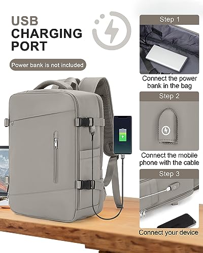 Large Travel Backpack for Women Carry On Airline Flight Approved Expandable Work Personal Item size Backpack Bag with Laptop compartment for College Men Waterproof Hiking Mochila de Viaje GreyBrown