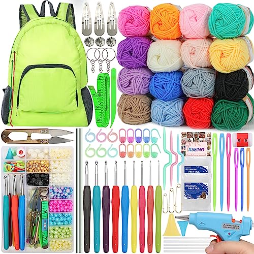 XSEINO Crochet Kit with Step-by-Step Video Tutorials,Includes Premium 16 Roll-800Yard Crochet Yarn, 9 Crochet Hooks, Crochet Bag and All Accessories Kit - Crochet Kit for Beginners
