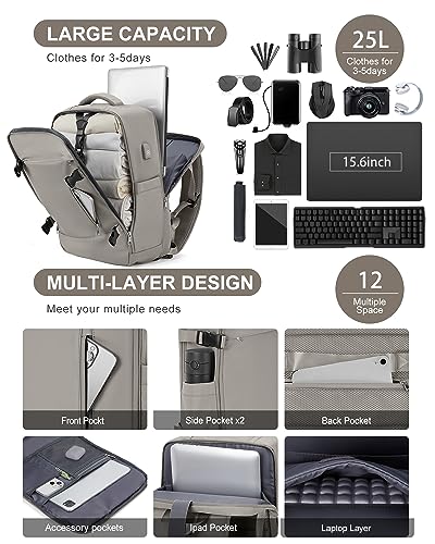 Large Travel Backpack for Women Carry On Airline Flight Approved Expandable Work Personal Item size Backpack Bag with Laptop compartment for College Men Waterproof Hiking Mochila de Viaje GreyBrown