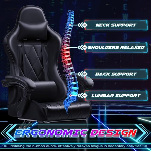 Shahoo Gaming Chair with Footrest and Massage Fuction Lumbar Support, 360°Swivel and Height Adjustable Seat with Headrest for Office or Bedroom, Study Room, Black