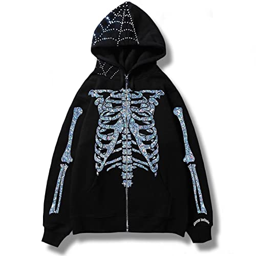 AQQYA Skeleton Zip Up Hooded Sweatshirt for Men Women, Y2K Diamond Glitter Grunge Punk Dark E-Girl Hoodie Silver Skull X-Large