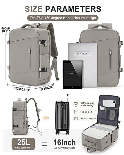 Large Travel Backpack for Women Carry On Airline Flight Approved Expandable Work Personal Item size Backpack Bag with Laptop compartment for College Men Waterproof Hiking Mochila de Viaje GreyBrown