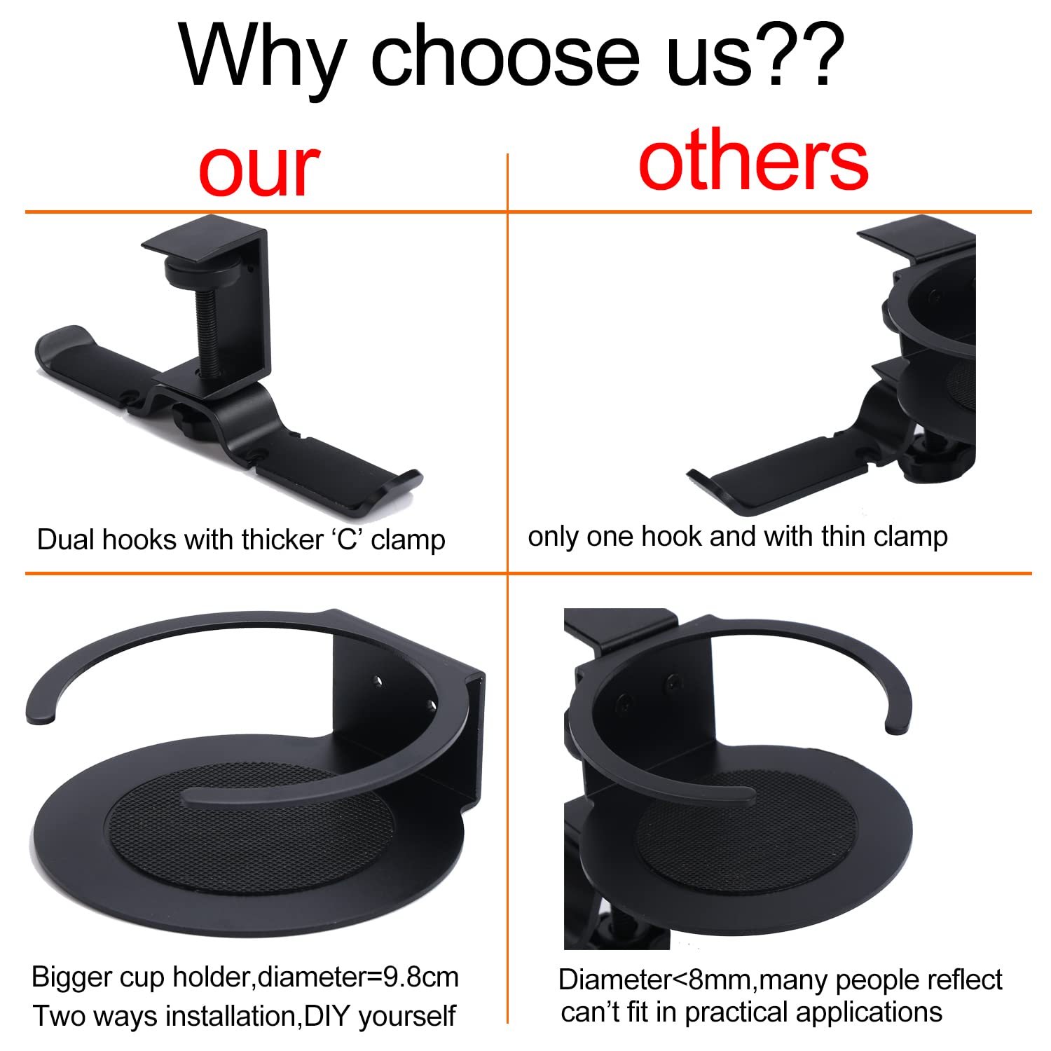 Headphone Stand with Cup Holder/2 Hidden Headset Hooks for All Headsets, 360° Adjustable & Rotating Desk Organizers for Bag/Cup/Coat/Headphone/Canned Beer/Umbrella/Data Cable/Drinks/Gloves -ZELPEAK