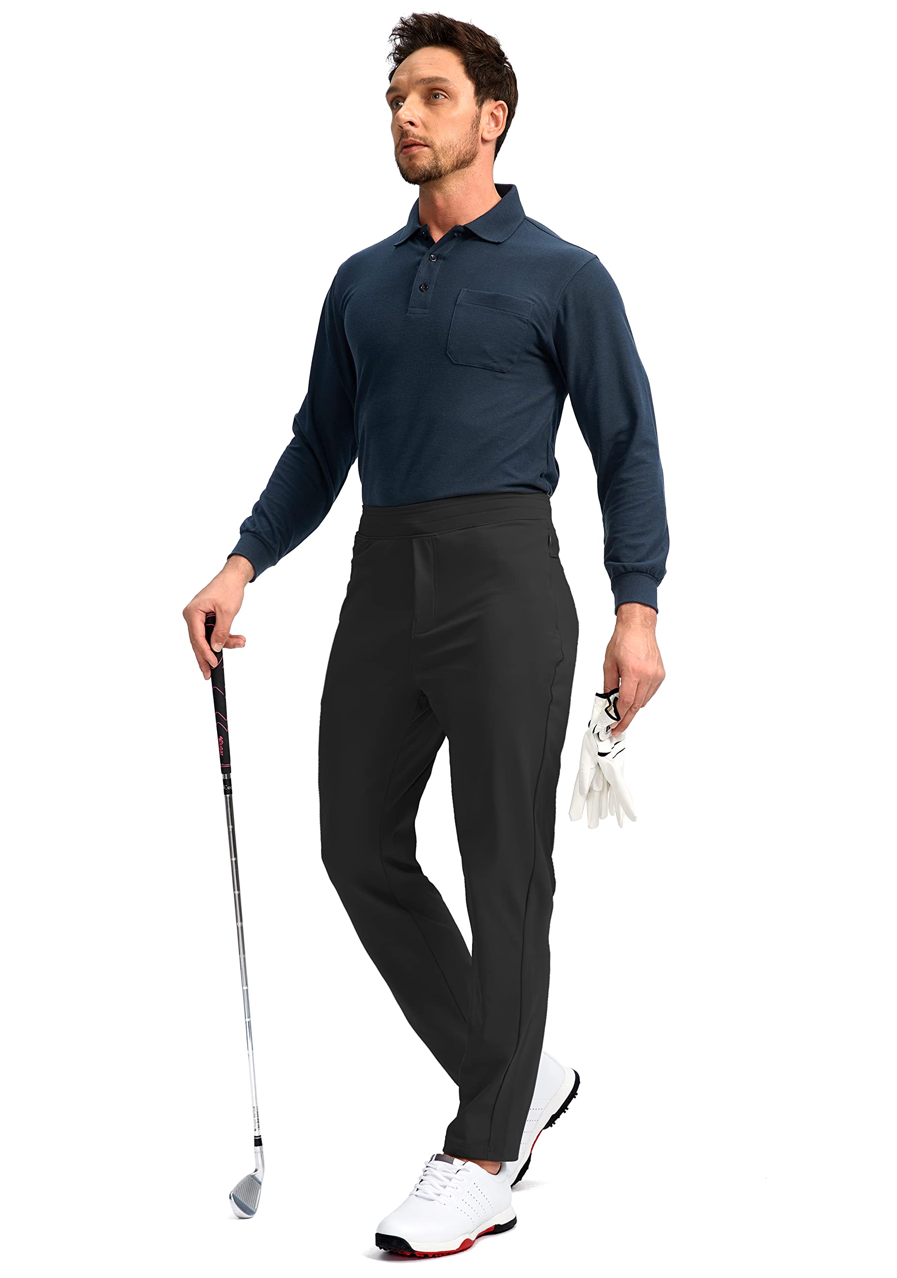 Pudolla Men's Golf Pants Stretch Sweatpants with Zipper Pockets Slim Fit Work Casual Joggers Pants for Men (Black Large)