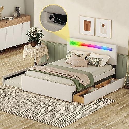 GJHOME Queen Size Upholstered Platform Bed with 2 Storage Drawers and Twin Trundle, LED Lights and USB Charging, Linen Queen Bed Frame with Headboard and Wood Slat Support,Beige