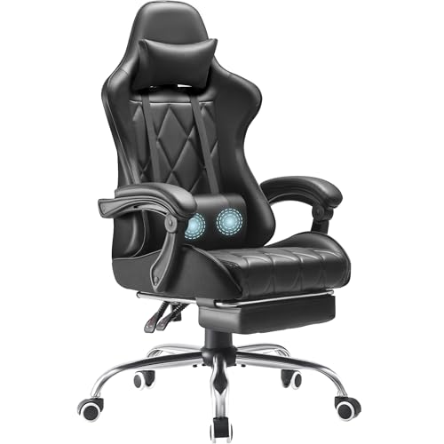 Shahoo Gaming Chair with Footrest and Massage Fuction Lumbar Support, 360°Swivel and Height Adjustable Seat with Headrest for Office or Bedroom, Study Room, Black