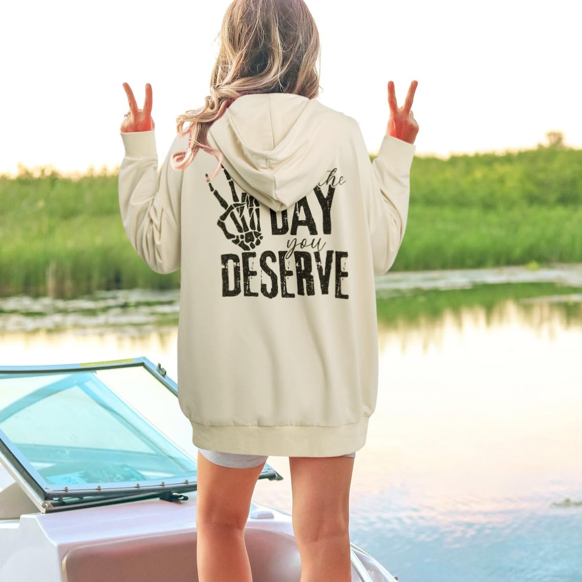 LOTUCY Have The Day You Deserve Zip Up Hoodies Women Oversized Skeleton Peace Sweatshirt Vintage Y2K Jacket Apricot