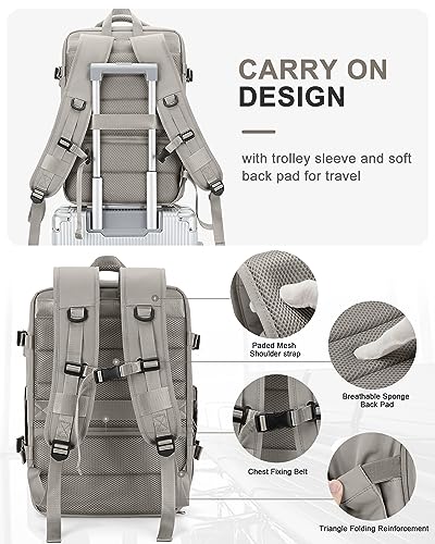 Large Travel Backpack for Women Carry On Airline Flight Approved Expandable Work Personal Item size Backpack Bag with Laptop compartment for College Men Waterproof Hiking Mochila de Viaje GreyBrown