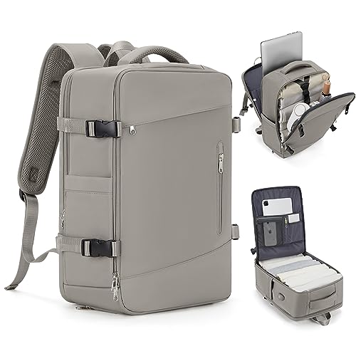 Large Travel Backpack for Women Carry On Airline Flight Approved Expandable Work Personal Item size Backpack Bag with Laptop compartment for College Men Waterproof Hiking Mochila de Viaje GreyBrown