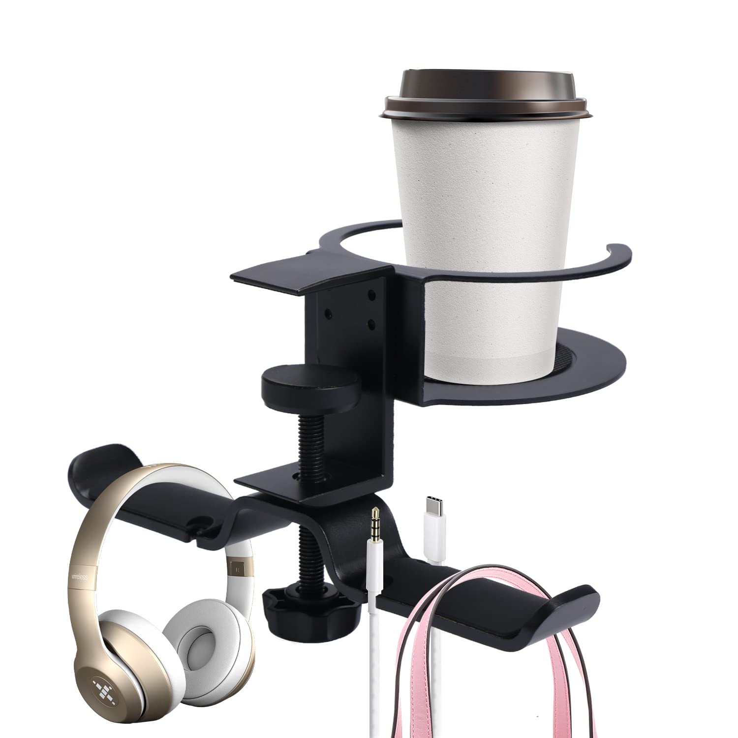 Headphone Stand with Cup Holder/2 Hidden Headset Hooks for All Headsets, 360° Adjustable & Rotating Desk Organizers for Bag/Cup/Coat/Headphone/Canned Beer/Umbrella/Data Cable/Drinks/Gloves -ZELPEAK