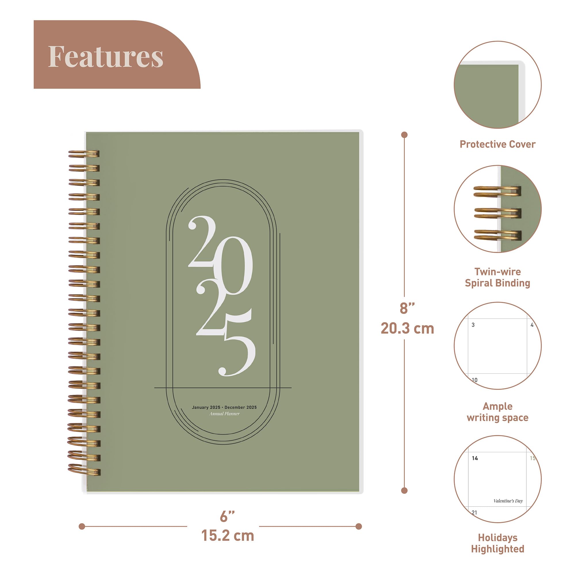 Rileys 2023 Weekly Planner - Annual Weekly & Monthly Agenda Planner, Jan - Dec 2023, Flexible Cover, Notes Pages, Twin-Wire Binding (8 x 6-Inches, Green)