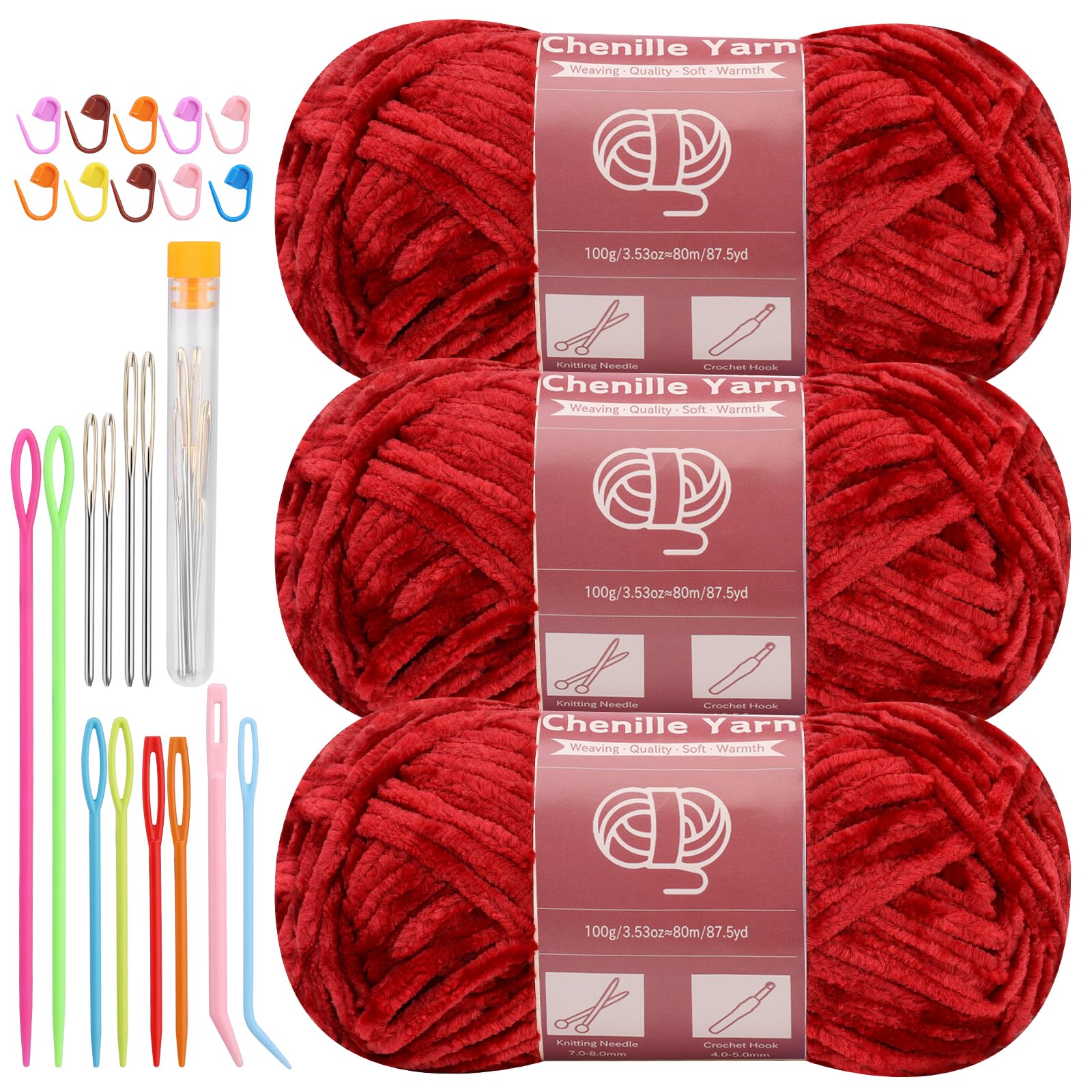 LUNARM Chenille Yarn for Crocheting Knitting, 3 Skein 263 Yard Thick Soft Chunky Fluffy Weaving Plush Yarn for Blankets Clothes Pattern Creations with Big Eye Needles (Dark Red)