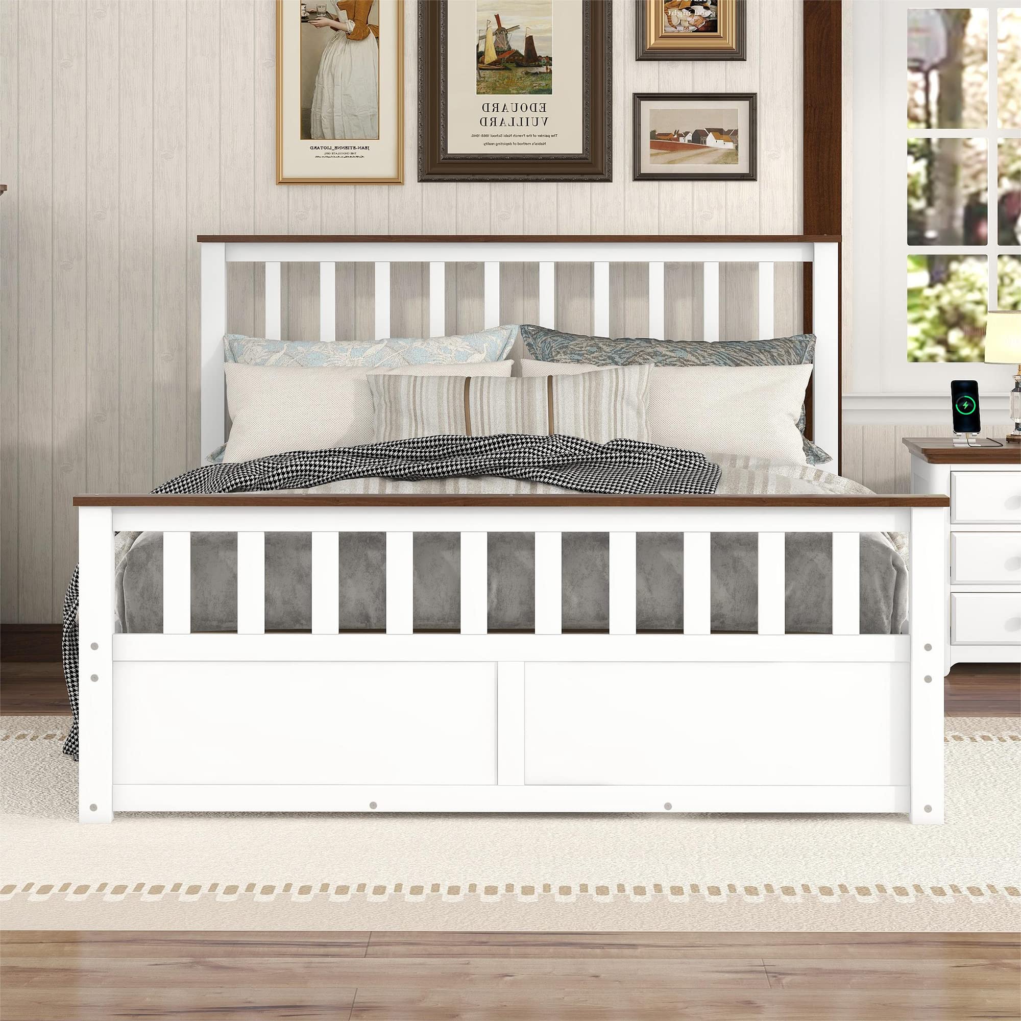 FANYE Queen Size Soild Wood Platform Bed Wooden Bedframe with Two Storage Drawers and Wood Slat Support, White+Walnut