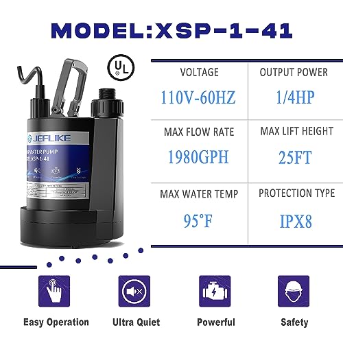 JEFLIKE 1/4HP Water Pump 1980GPH Utility Pump Sump Pump Submersible Thermoplastic Rotatable Handle for Hot Tub Basement Pond Pool Draining