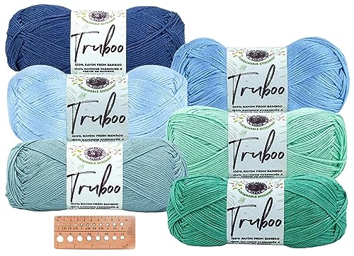 Lion Brand Yarn - Truboo - 6 Pack Assortment with Needle Gauge (Deep Waters)