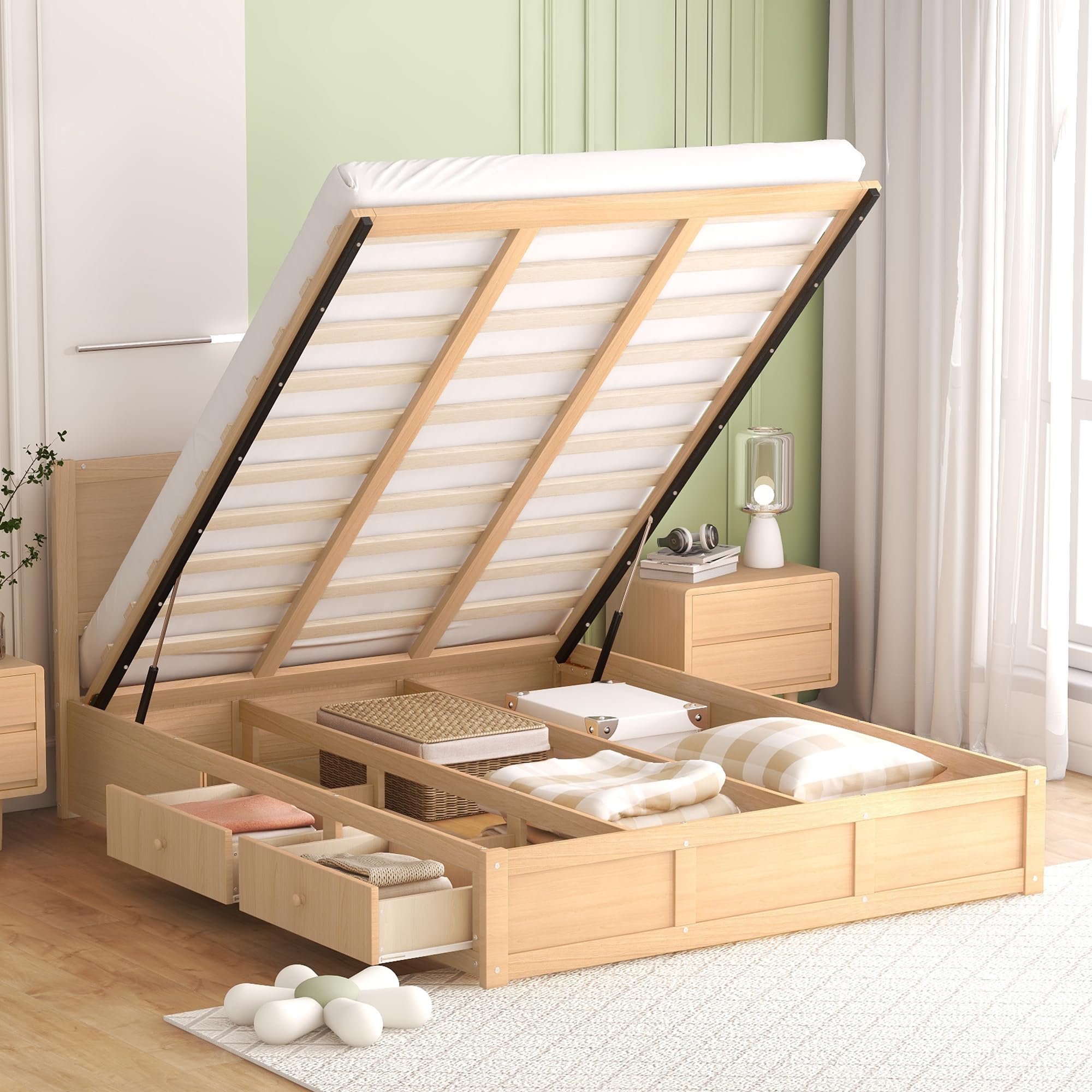 Harper & Bright Designs Lift Up Storage Bed, Queen Platform Bed Frame with Storage Underneath, Queen Size Bed with 2 Drawers, Queen Storage Bed for Bedroom, No Box Spring Needed, Natural
