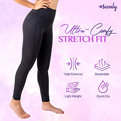 SEEMLY Thick High Waist Yoga Pants with Pockets, Tummy Control Workout Running Yoga Leggings for Women Black