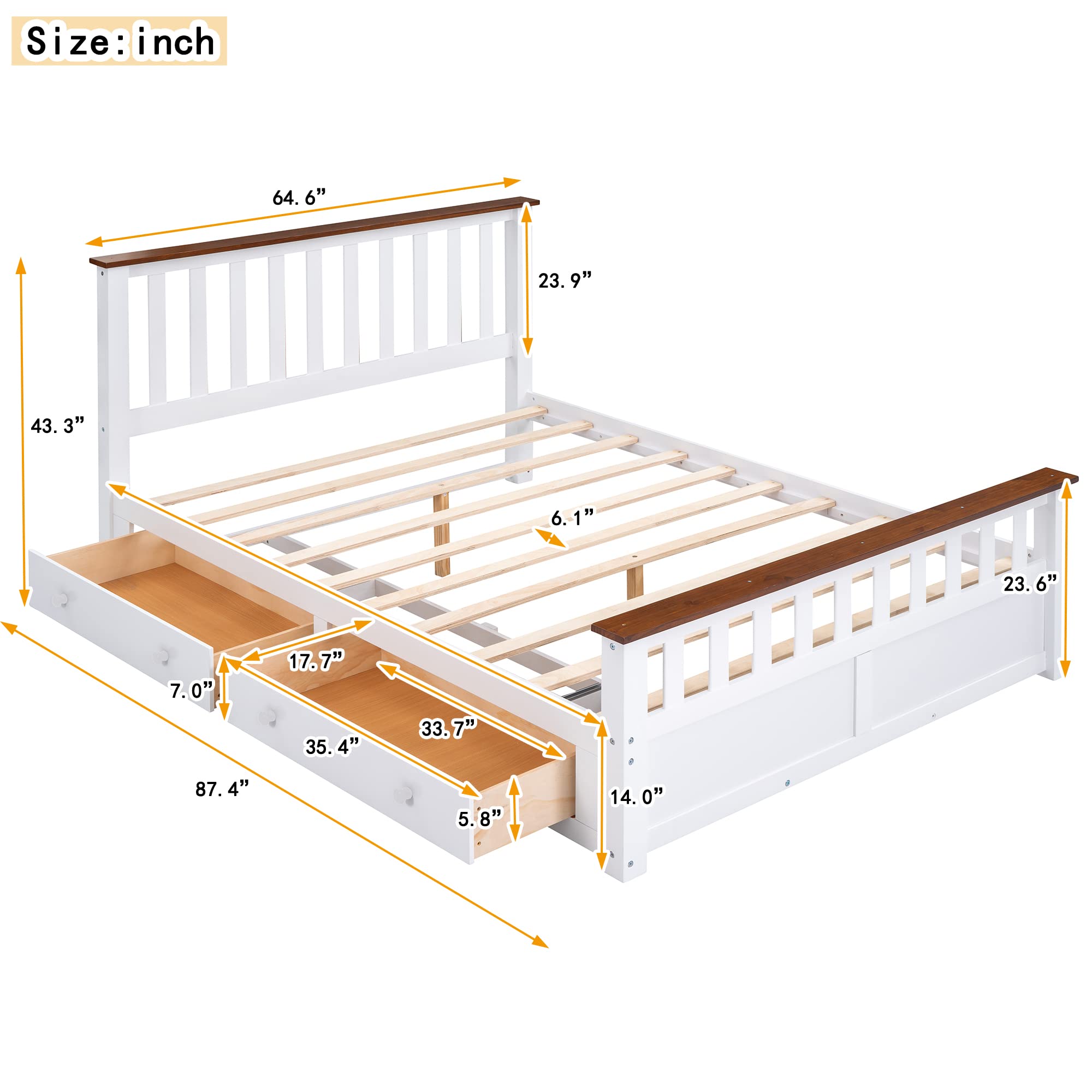 FANYE Queen Size Soild Wood Platform Bed Wooden Bedframe with Two Storage Drawers and Wood Slat Support, White+Walnut