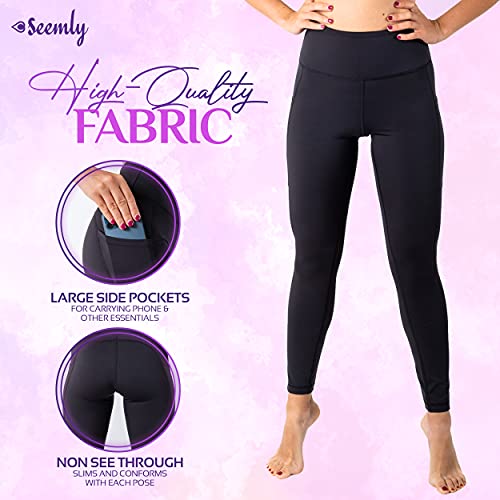 SEEMLY Thick High Waist Yoga Pants with Pockets, Tummy Control Workout Running Yoga Leggings for Women Black