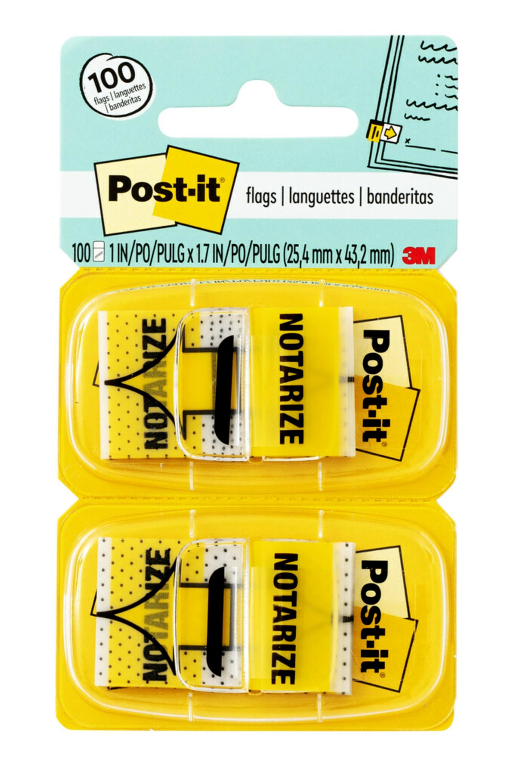 Post-it "Notarize" Flags, 50/Dispenser, 2 Dispensers/Pack, 1 in Wide, Yellow (680-NZ2)