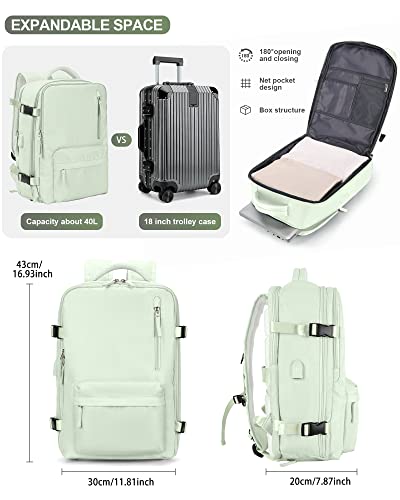 VGCUB Large Travel Backpack,Carry on Backpack for Women Men Airline Approved Gym Backpack Waterproof Business Laptop Daypack,Green With Toiletry Bag