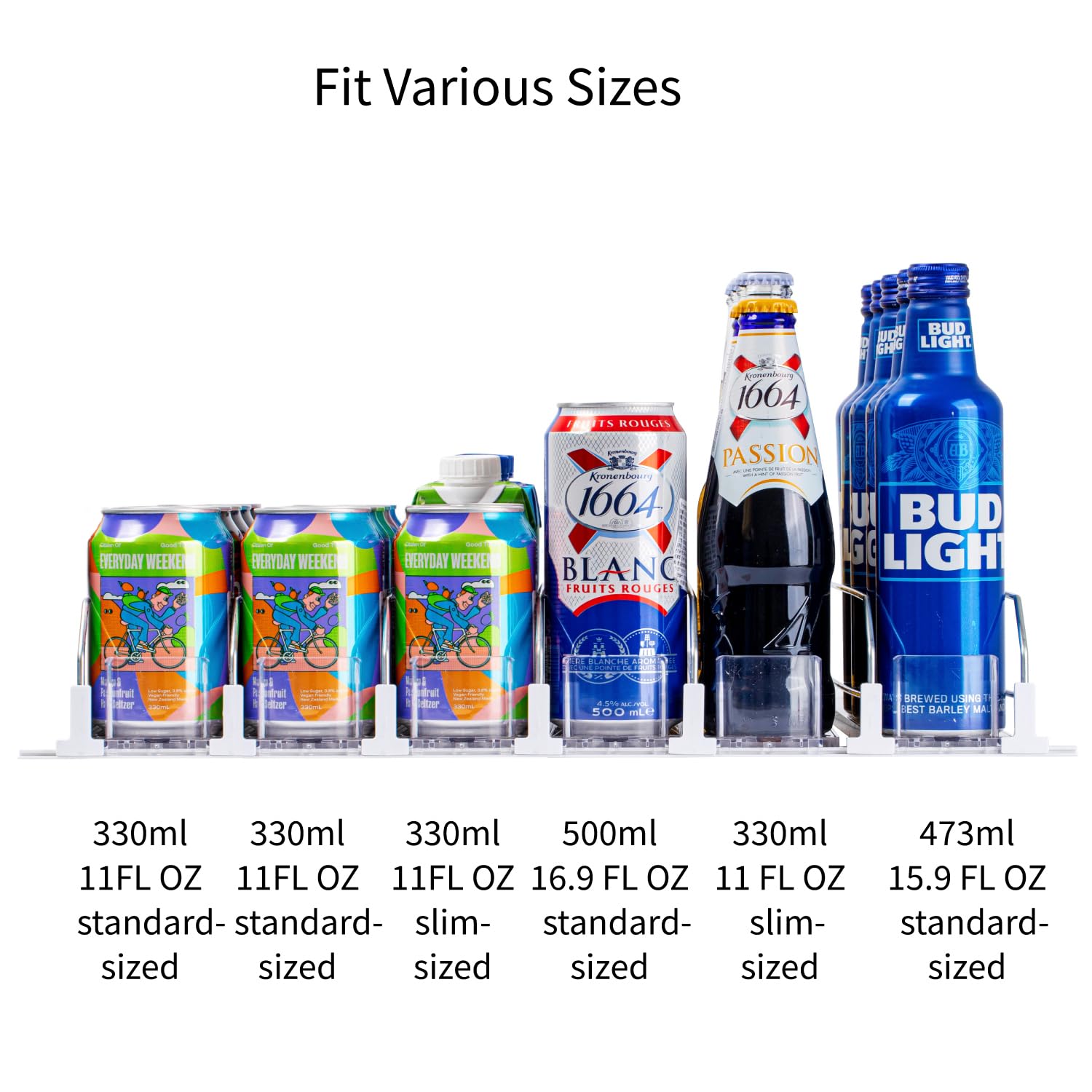 Baraiser Drink Organizer for Fridge, Self-Pushing Soda Can Organizer for Refrigerator, Width Adjustable Pusher Glide, Automatic Drink Dispenser (6 Rows, White)