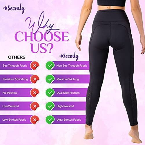 SEEMLY Thick High Waist Yoga Pants with Pockets, Tummy Control Workout Running Yoga Leggings for Women Black