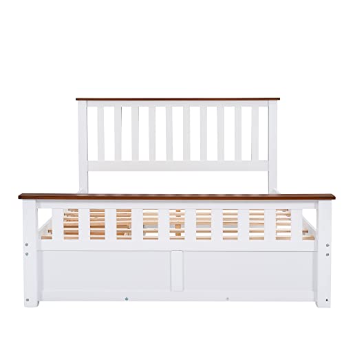 FANYE Queen Size Soild Wood Platform Bed Wooden Bedframe with Two Storage Drawers and Wood Slat Support, White+Walnut