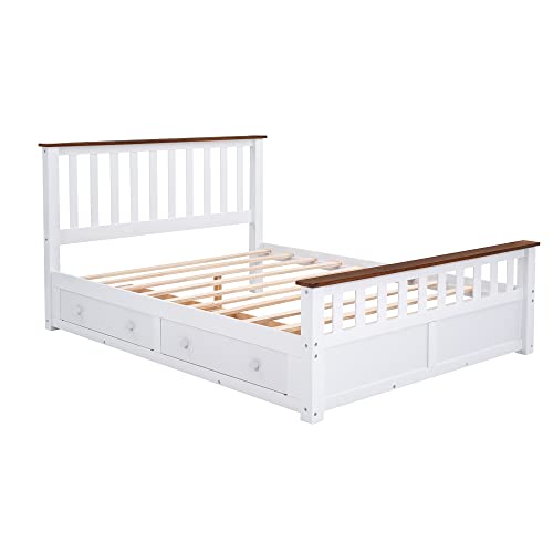 FANYE Queen Size Soild Wood Platform Bed Wooden Bedframe with Two Storage Drawers and Wood Slat Support, White+Walnut