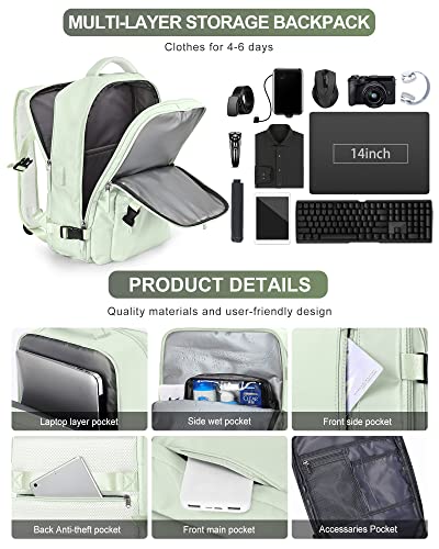 VGCUB Large Travel Backpack,Carry on Backpack for Women Men Airline Approved Gym Backpack Waterproof Business Laptop Daypack,Green With Toiletry Bag