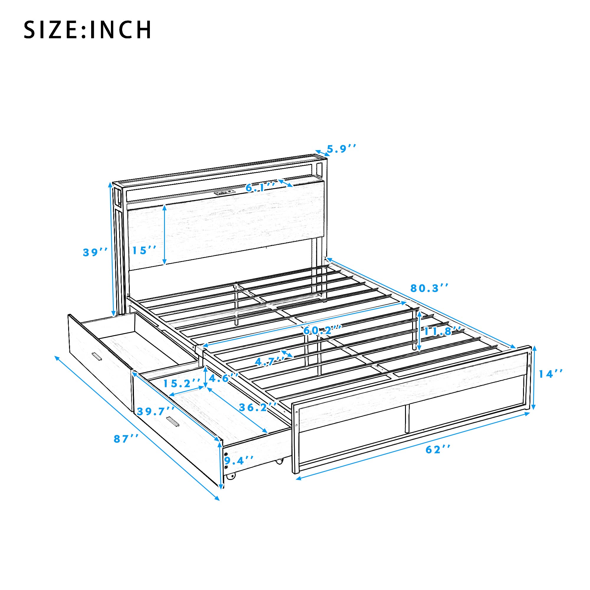 CITYLIGHT Metal Bed Frame Queen with Two Drawers, Queen Size Storage Bed with Sockets, USB ports and Slat Support,No Box Spring Needed,Easy Assembly,White