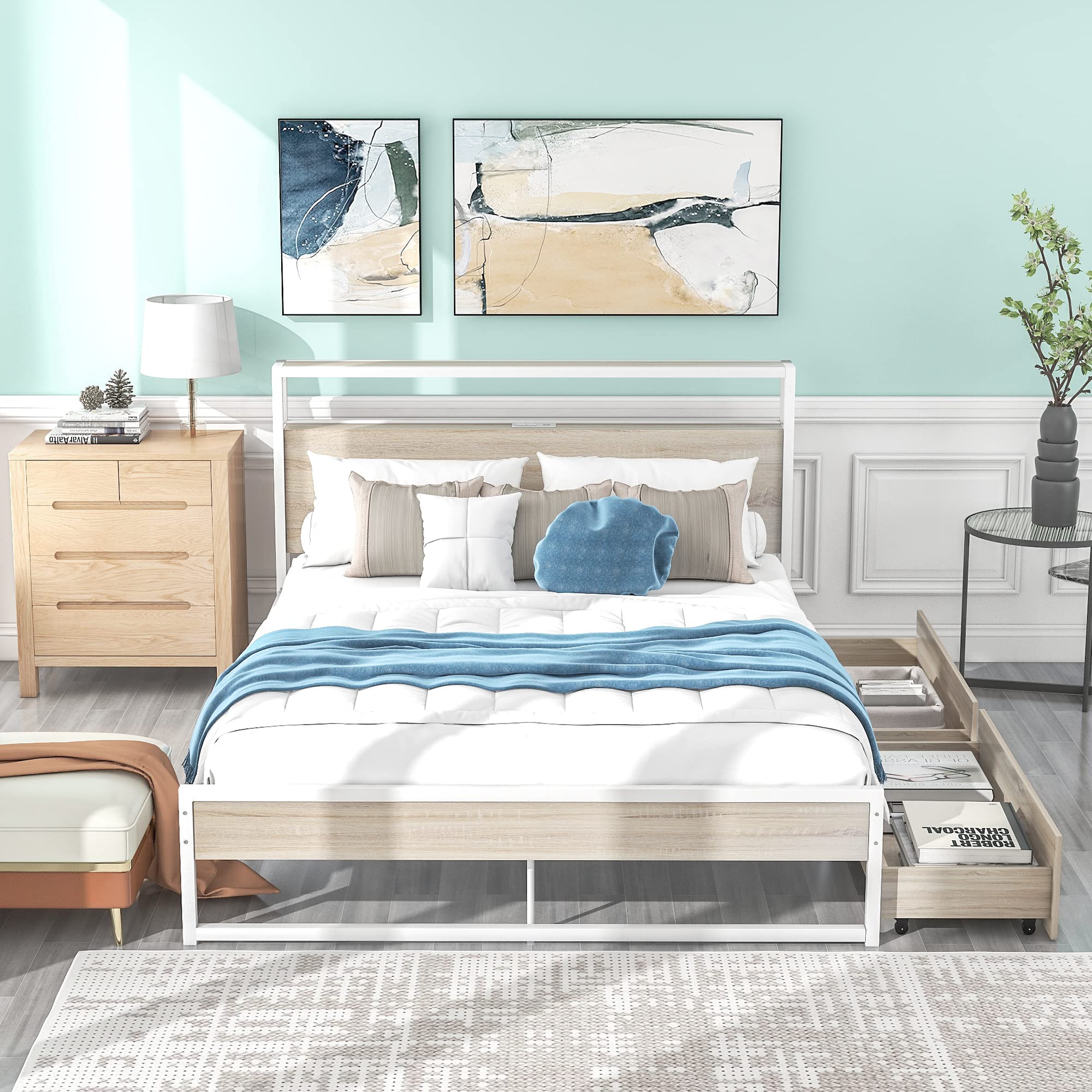 CITYLIGHT Metal Bed Frame Queen with Two Drawers, Queen Size Storage Bed with Sockets, USB ports and Slat Support,No Box Spring Needed,Easy Assembly,White