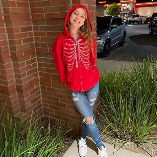 Creaion Rhinestone Graphic Zip Up Hoodies for Women Y2k Oversized Skeleton Print Sweatshirt Jacket E-Girl 90s Pullover Streetwear