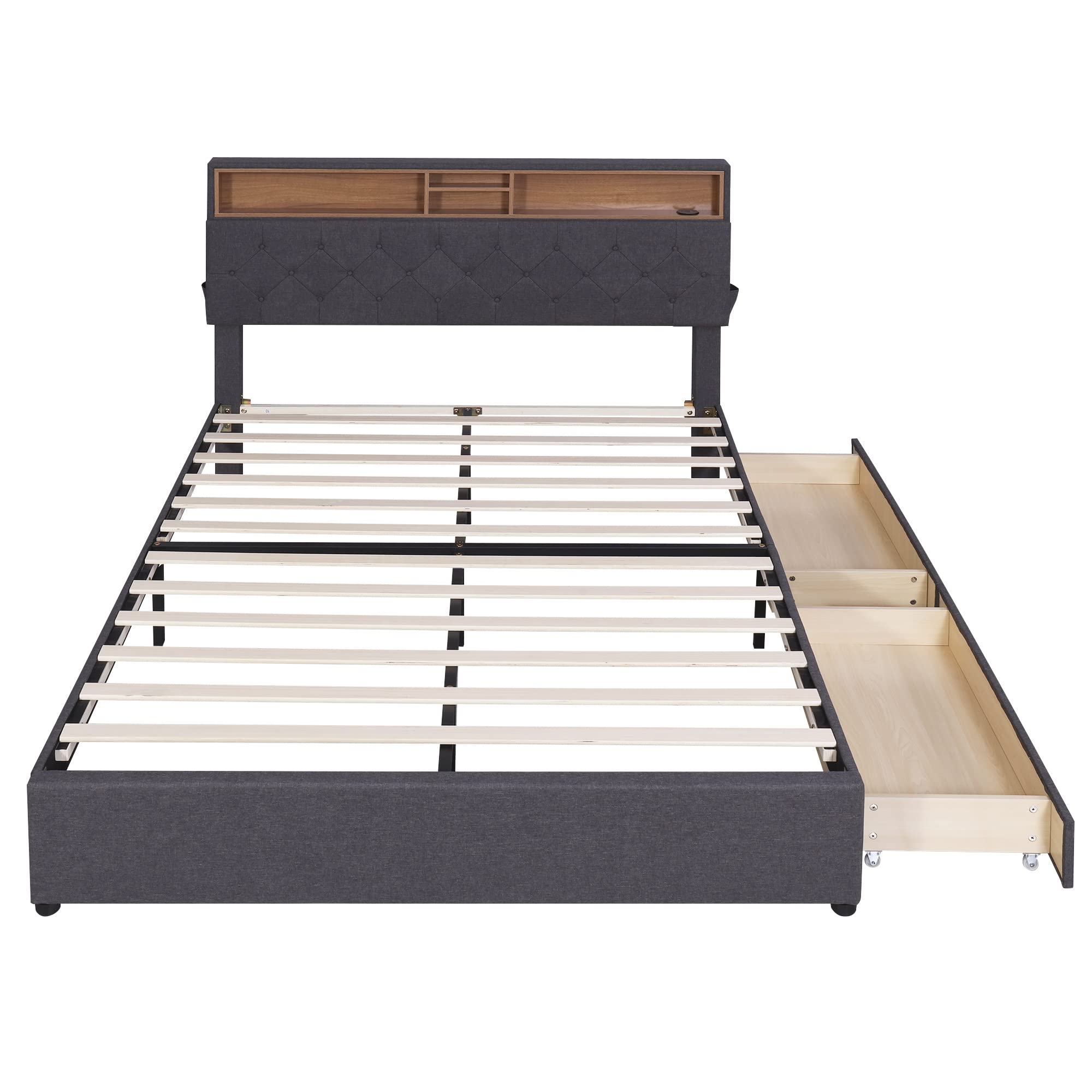 ccko Queen Size Bed Frame with Storage Headboard, USB Charging Station and 2 Drawers, No Box Spring Needed Upholstered Platform Bed Frame with LED Light Strip, Dark Gray(Not Include Mattress)