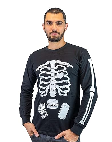 Men's Glow in The Dark Skeleton Ribcage Long Sleeve Shirt Halloween Costume Glowing tee (Mens X-Large)